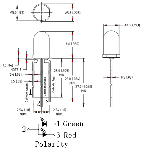 Round Lamp 5mm Bi Color Led 3 Pins Common Anode Hyper Red & Pure Green ...