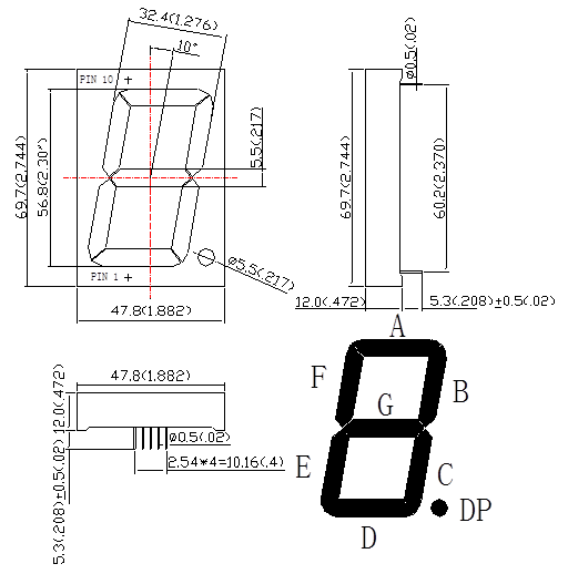 Red Green Led Number Display , 10 Pins Single Digit Display 2.30" 4 ...
