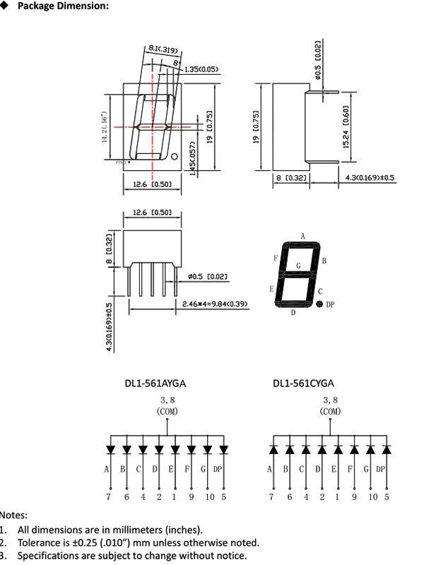568nm 84mW 30mA 0.56" Single Digit Numeric Displays Yellow Green 7 ...