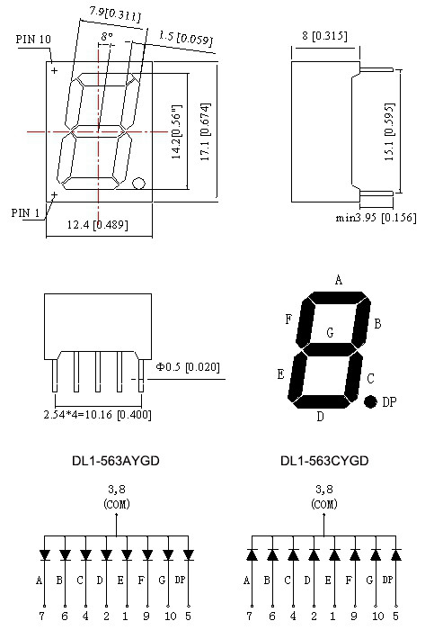 8mcd 575nm 0.56 Inch Single Digit Numeric Displays